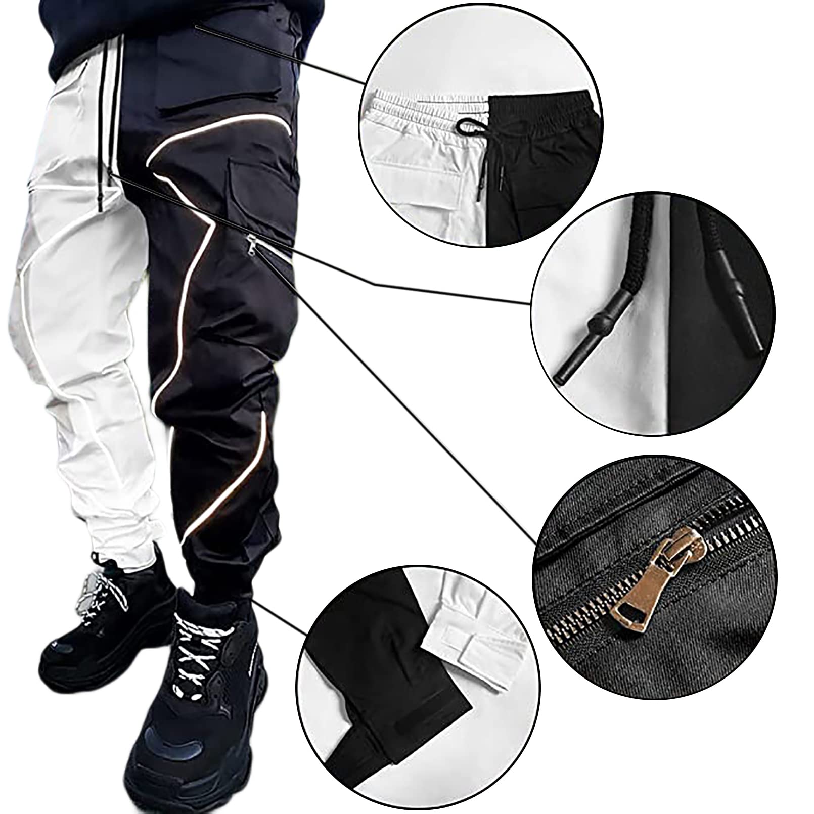 BOOMLEMON Men's Cargo Jogger Pants Reflective Technical Hip Hop Harem Pants Punk Streetwear Tactical Track Pants(Black White L)