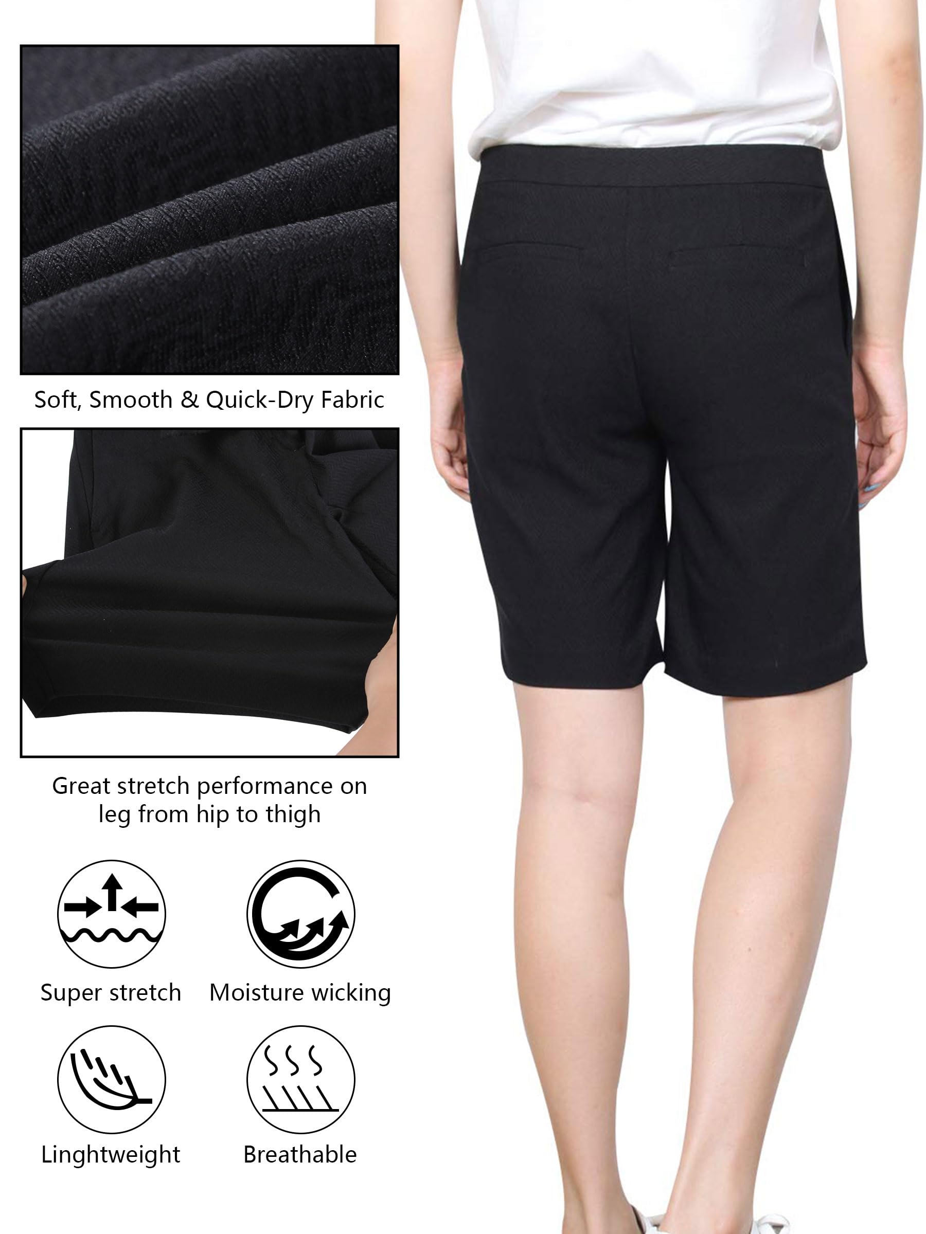 Senxcover Dress Shorts for Women, Women’s Golf Shorts Black Chino Bermuda Shorts Casual Summer Knee Length Stretch Walking Shorts with Pockets Size 6