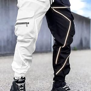 BOOMLEMON Men's Cargo Jogger Pants Reflective Technical Hip Hop Harem Pants Punk Streetwear Tactical Track Pants(Black White L)