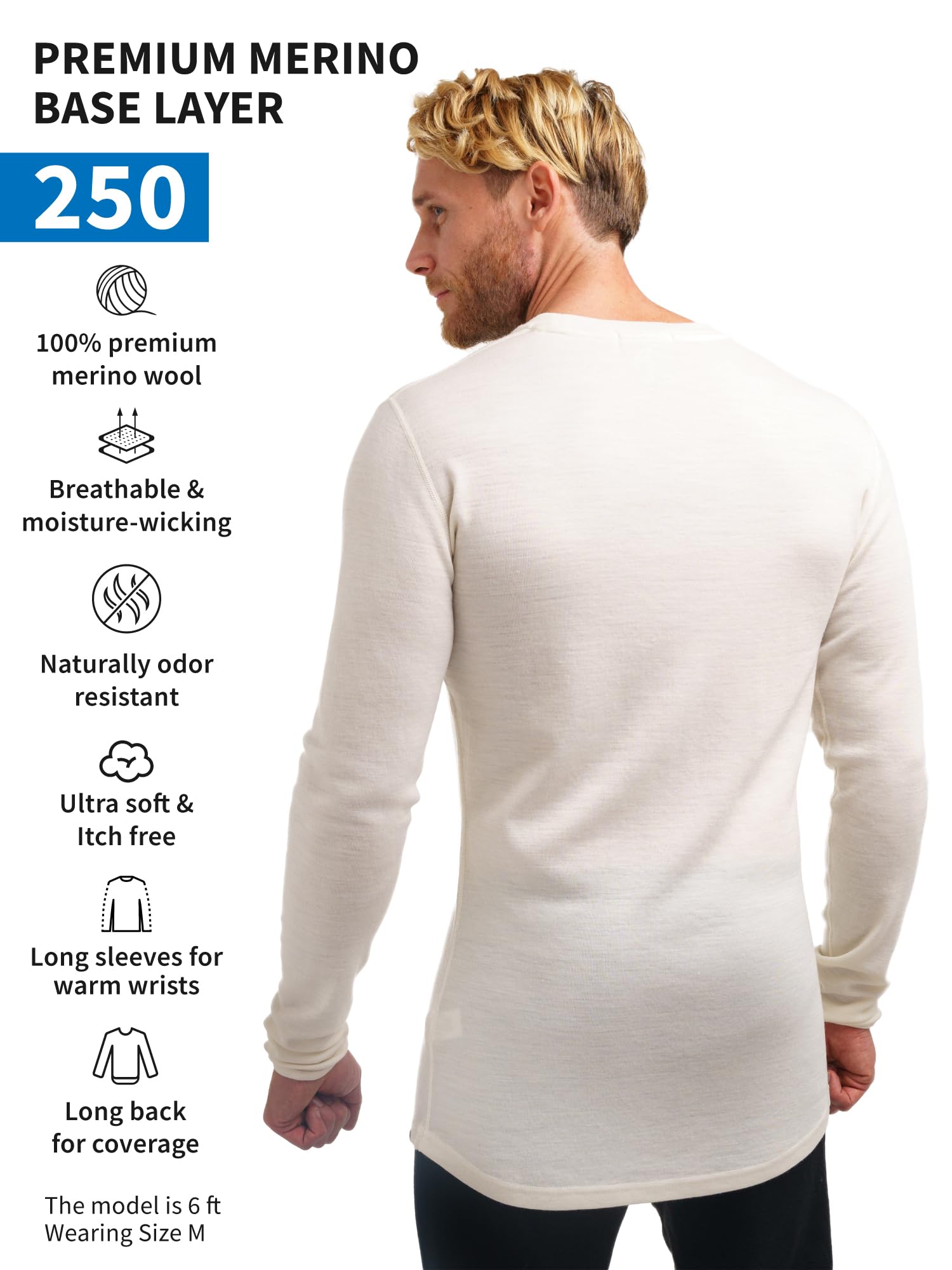 Merino.tech Merino Wool Base Layer - Mens 100% Merino Wool Long Sleeve Thermal Shirts Lite, Midweight, Heavyweight + Socks (Large, 250 Natural Merinos)