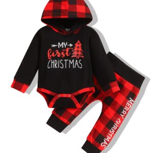 bilison My 72st Christmas Infant Baby Boy Outfits Set Newborn Boy Hoodies Sweatshirt Red Plaid Romper+Pant clothing Set