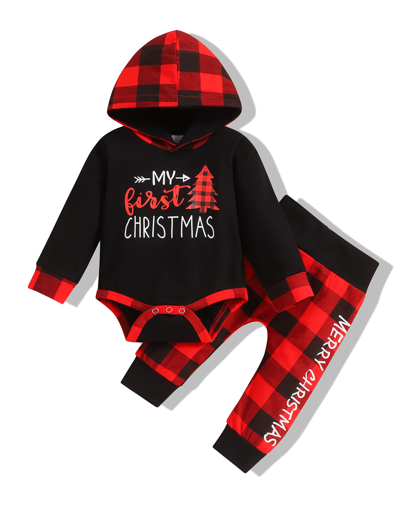 bilison My 72st Christmas Infant Baby Boy Outfits Set Newborn Boy Hoodies Sweatshirt Red Plaid Romper+Pant clothing Set