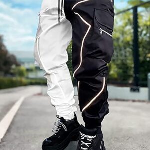 BOOMLEMON Men's Cargo Jogger Pants Reflective Technical Hip Hop Harem Pants Punk Streetwear Tactical Track Pants(Black White L)