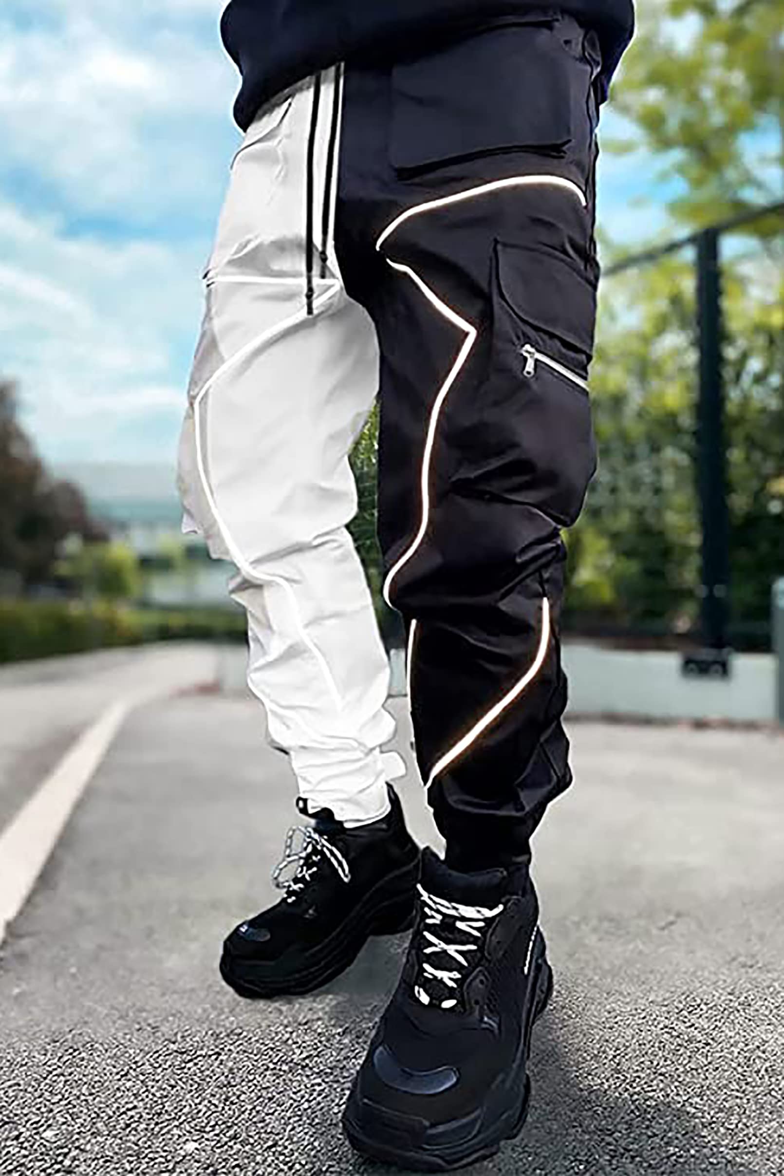 BOOMLEMON Men's Cargo Jogger Pants Reflective Technical Hip Hop Harem Pants Punk Streetwear Tactical Track Pants(Black White L)