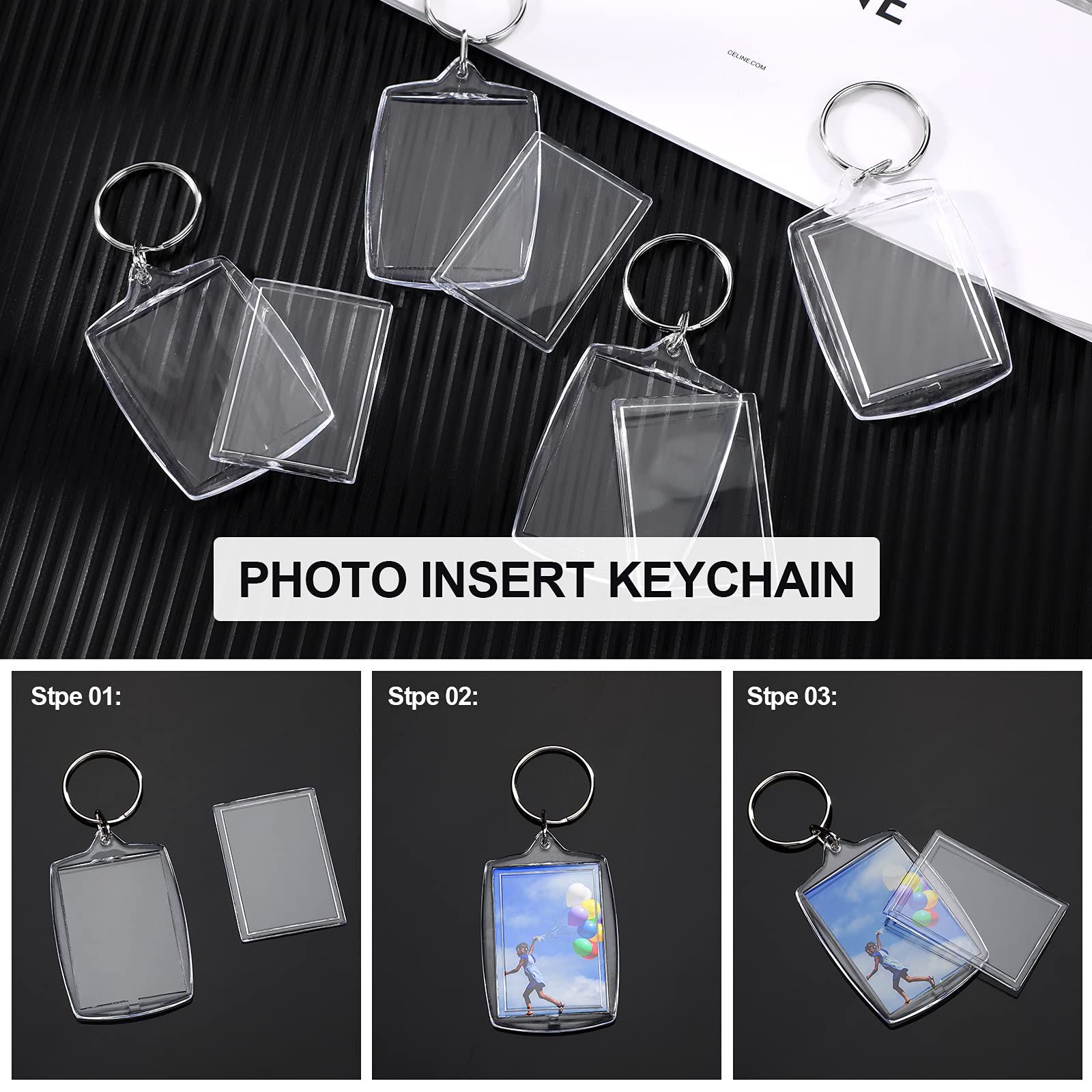 MTLEE 100 Pieces Clear Acrylic Photo Frame Keychain Photo Insert Keyrings Blank Rectangle DIY Keychain Picture Frame Keyring with Split Ring Suit for 1.3 x 1.8 Inches Photos