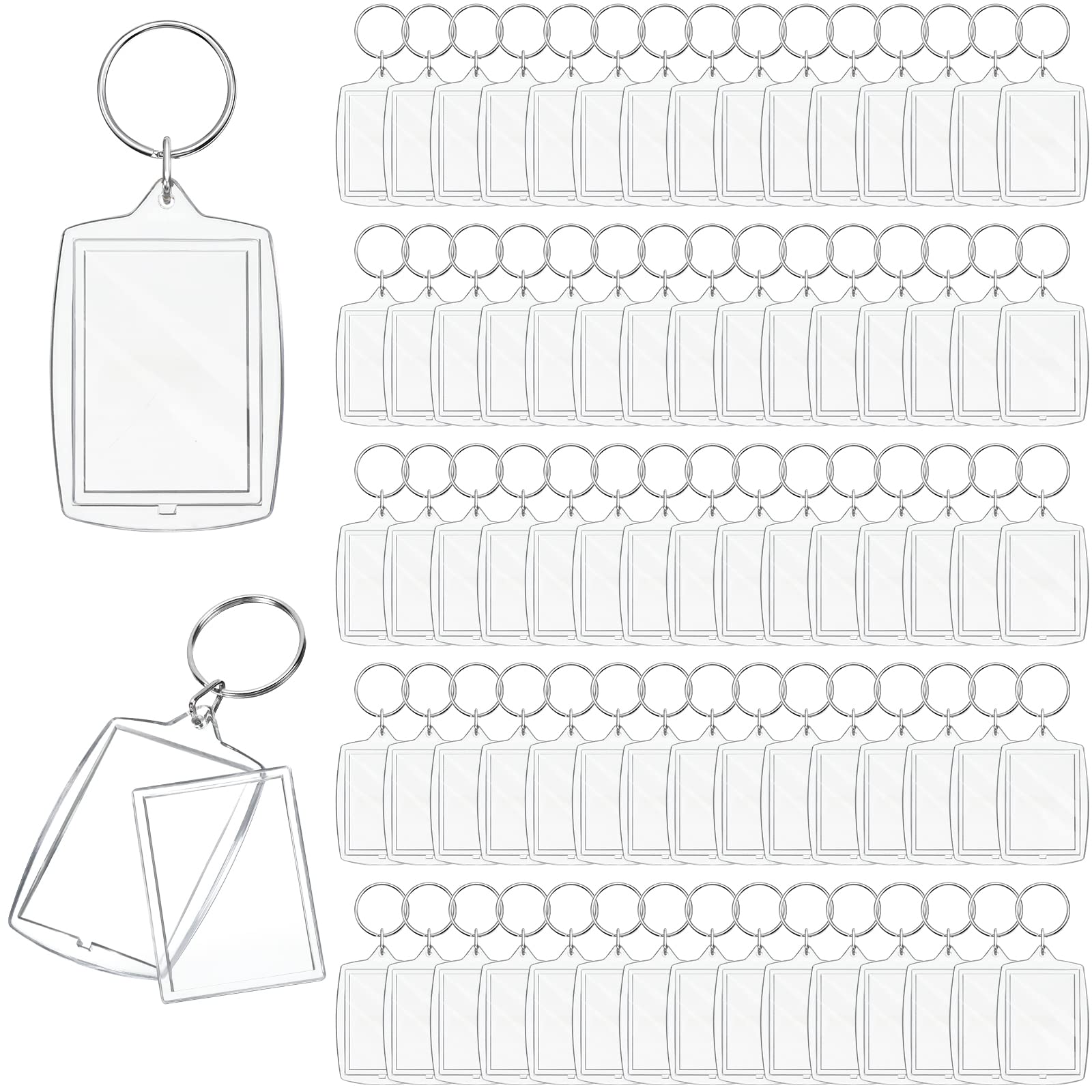 MTLEE 100 Pieces Clear Acrylic Photo Frame Keychain Photo Insert Keyrings Blank Rectangle DIY Keychain Picture Frame Keyring with Split Ring Suit for 1.3 x 1.8 Inches Photos