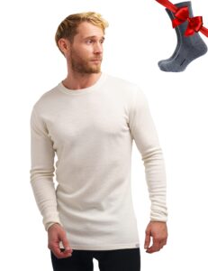 merino.tech merino wool base layer - mens 100% merino wool long sleeve thermal shirts lite, midweight, heavyweight + socks (large, 250 natural merinos)