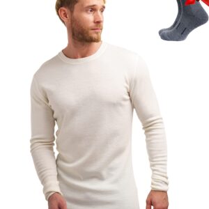 Merino.tech Merino Wool Base Layer - Mens 100% Merino Wool Long Sleeve Thermal Shirts Lite, Midweight, Heavyweight + Socks (Large, 250 Natural Merinos)