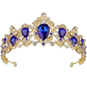 didder baroque vintage rhinestone tiara, blue royal crystal tiaras for women gold princess crown tiaras for girls bridal hair accessories for wedding/prom/pageant/birthday/party/photography