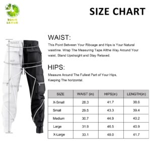 BOOMLEMON Men's Cargo Jogger Pants Reflective Technical Hip Hop Harem Pants Punk Streetwear Tactical Track Pants(Black White L)