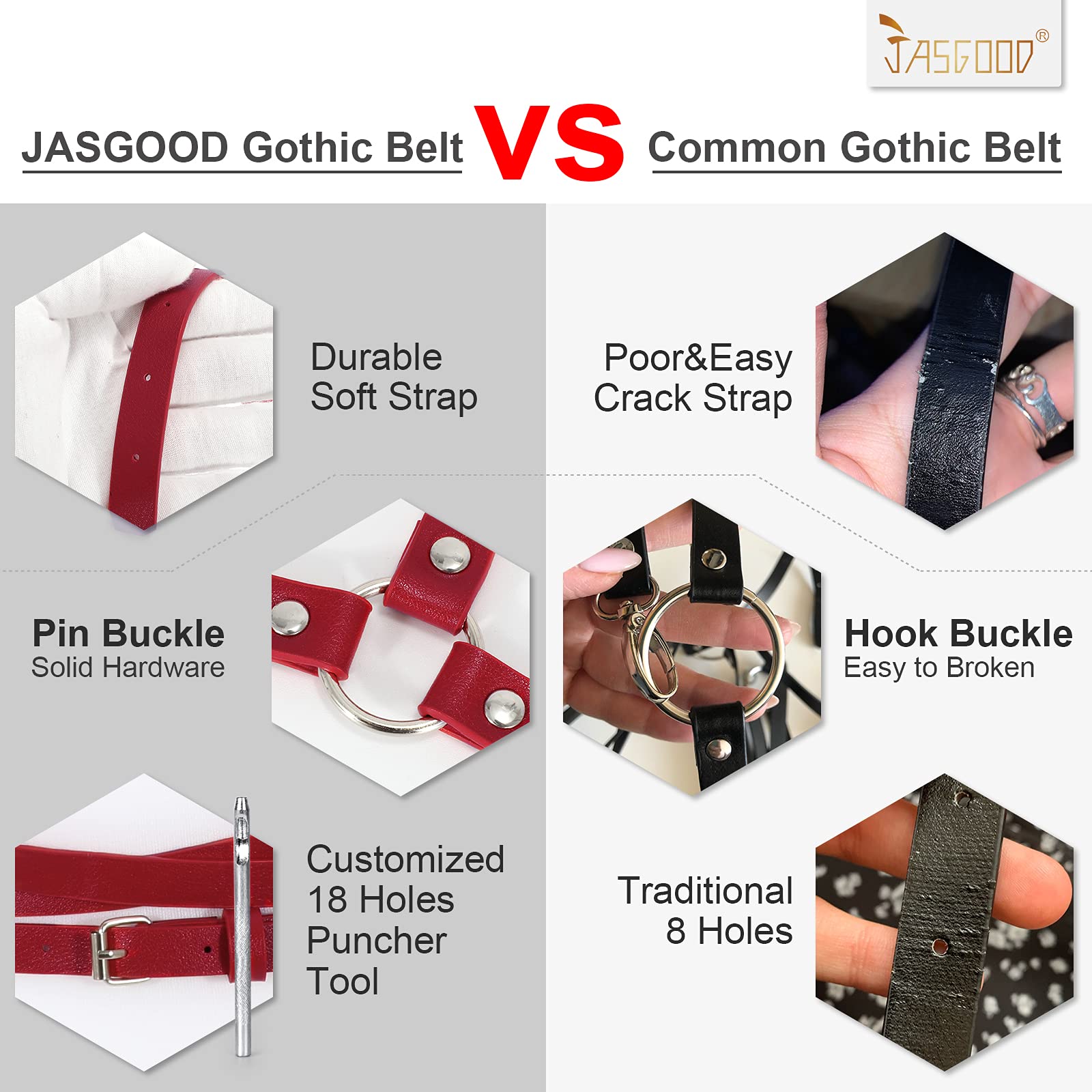 JASGOOD Punk Leather Thin Belt for Women Faux Leather Skinny Body Adjuatable Belts with Gothic Circle Chain(Red,Fit Waist Size 28''-36'')