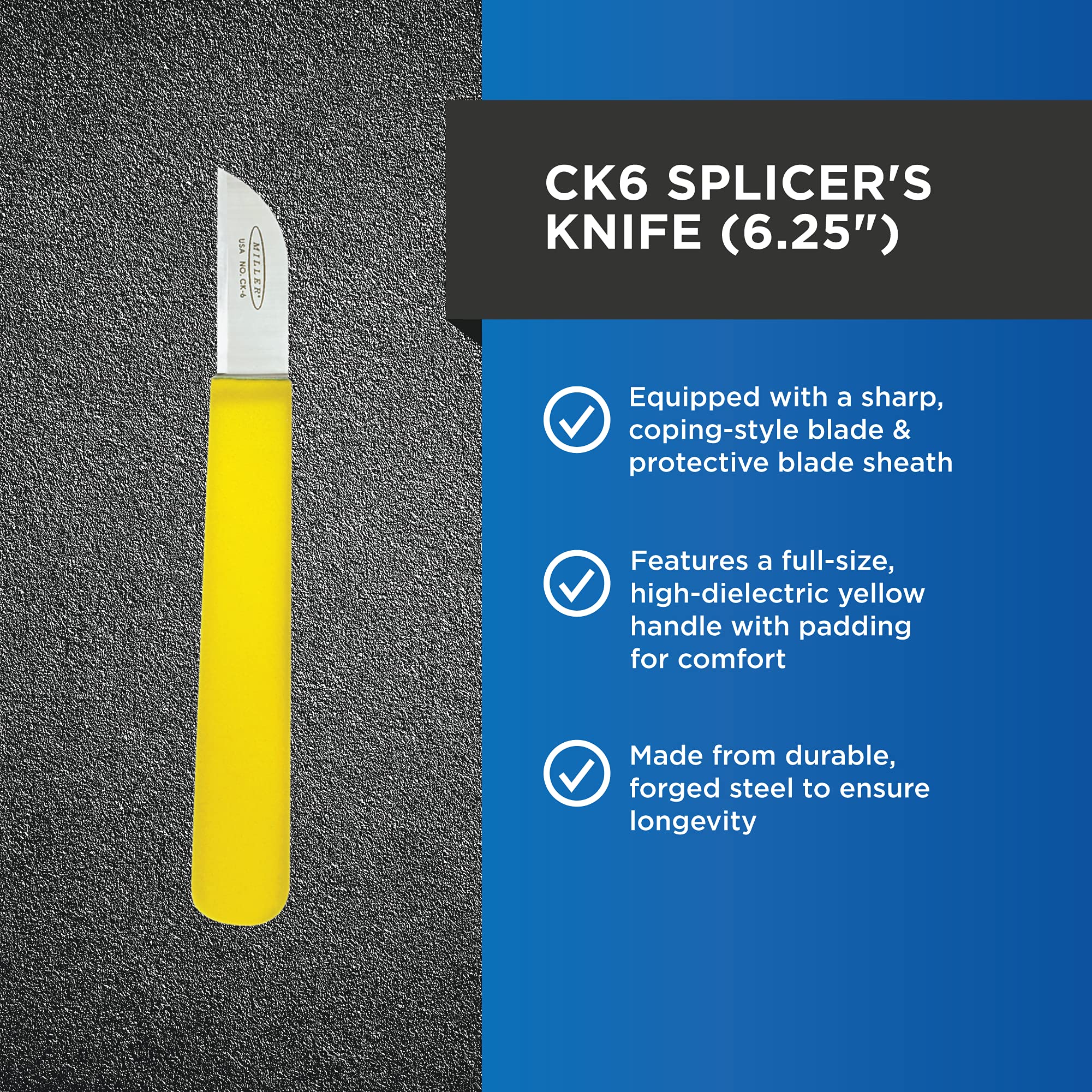 Miller CK6 Series Splice Knife, Electrician Knife for Professionals, Heavy-Duty Utility Knife with Sheath Holder, Filament Splicer Tool, 6.25 Inches