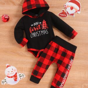 bilison My 72st Christmas Infant Baby Boy Outfits Set Newborn Boy Hoodies Sweatshirt Red Plaid Romper+Pant clothing Set