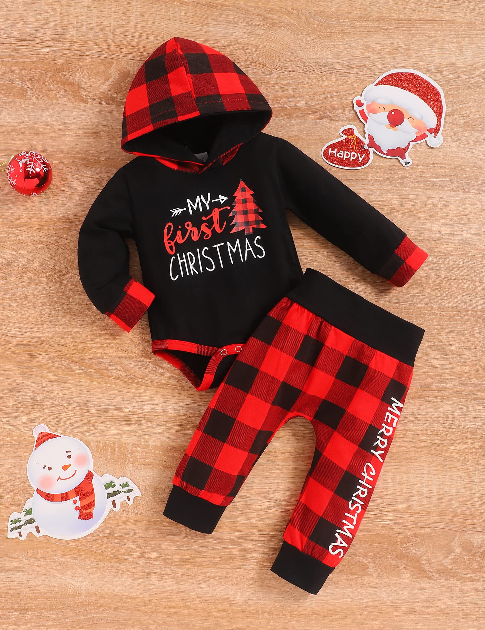 bilison My 72st Christmas Infant Baby Boy Outfits Set Newborn Boy Hoodies Sweatshirt Red Plaid Romper+Pant clothing Set