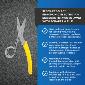 Miller 925CS-ERGO Ergonomic Metal Electrician Splicing Scissors with Scraper and File, Easily Portable Electrician Scissors for Working Technicians,