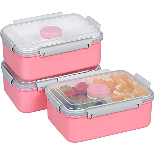 shopwithgreen Set of 3 Salad Food Storage Container To Go, 47-oz Bento Box with Removable Tray & Dressing Pots, for Lunch, Snacks, School & Travel - Food Prep Storage Containers with Lids(Pink)