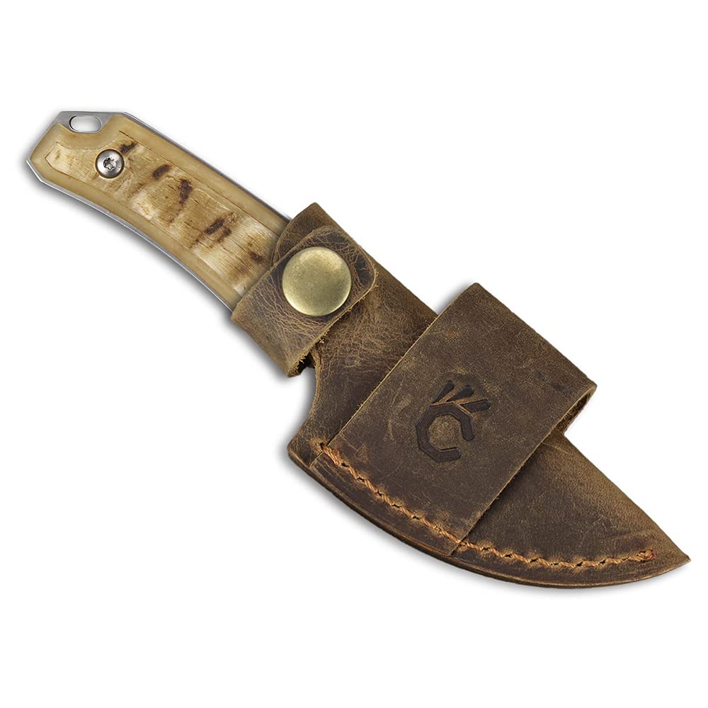 Cool Hand 5.98" Knife with Leather Sheath, Full Tang Compact Horizontal Carry Knife, Leather Belt Loop Sheath with Buckle, Outdoors Drop Point 440C Fixed Blade, Ram Horn Handle