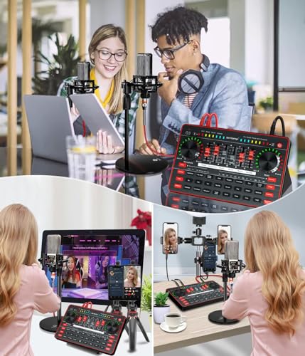 Audio Mixer with Sound Card, tenlamp Two 3.5mm Studio Condenser Microphone and G3 Audio interface, Sound Board Voice Changer, Podcast Equipment Bundle for PC Recording Gaming Live Streaming Podcast