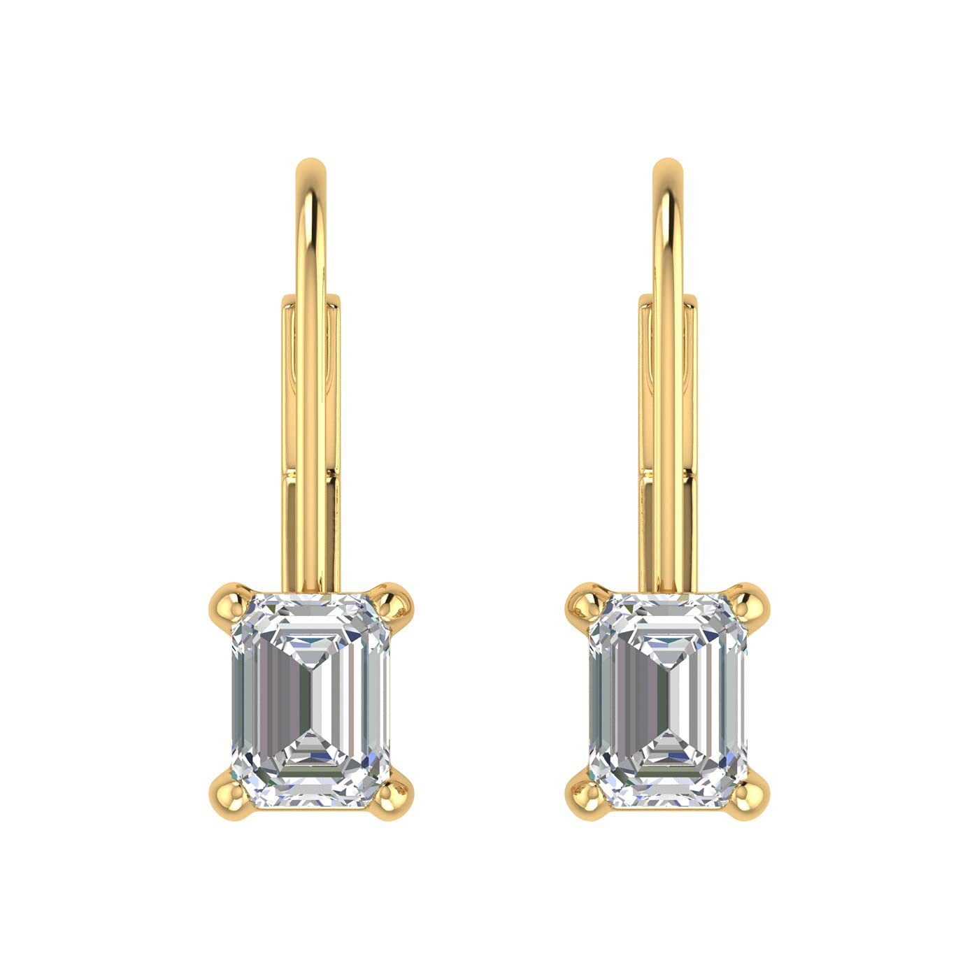 3/4 Carat Emerald Cut Diamond Drop Dangling Earrings in 14K Yellow Gold (with Leverback)