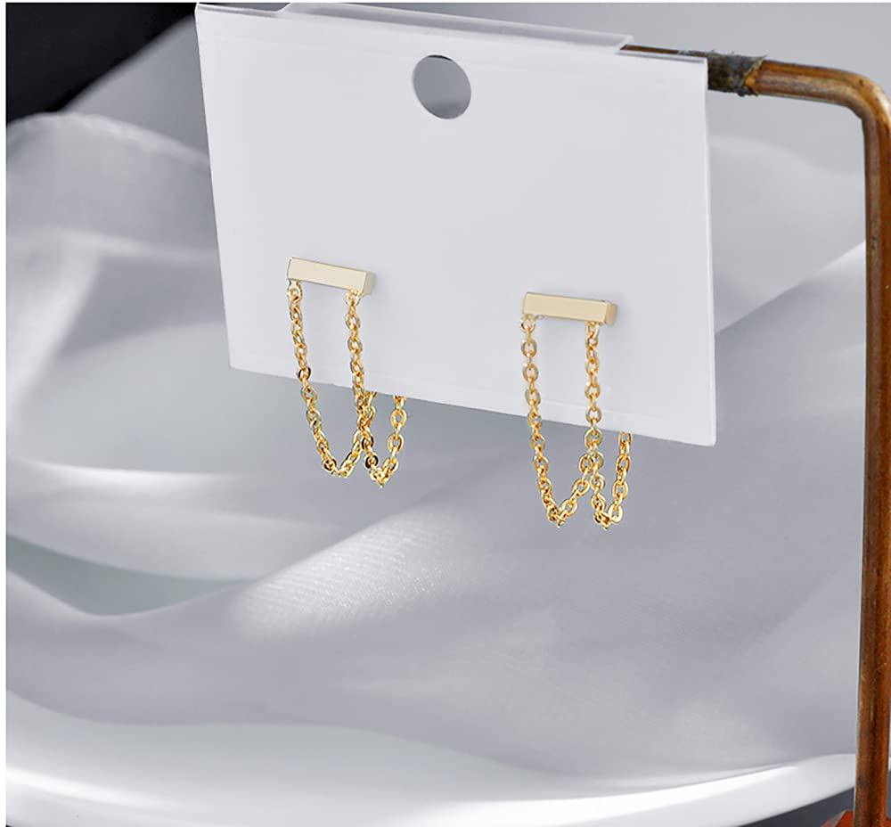 Reffeer Solid 925 Sterling Silver Bar Tassel Chain Drop Earrings for Women Bar Drop Earrings Studs Minimalist (B-18K Gold)