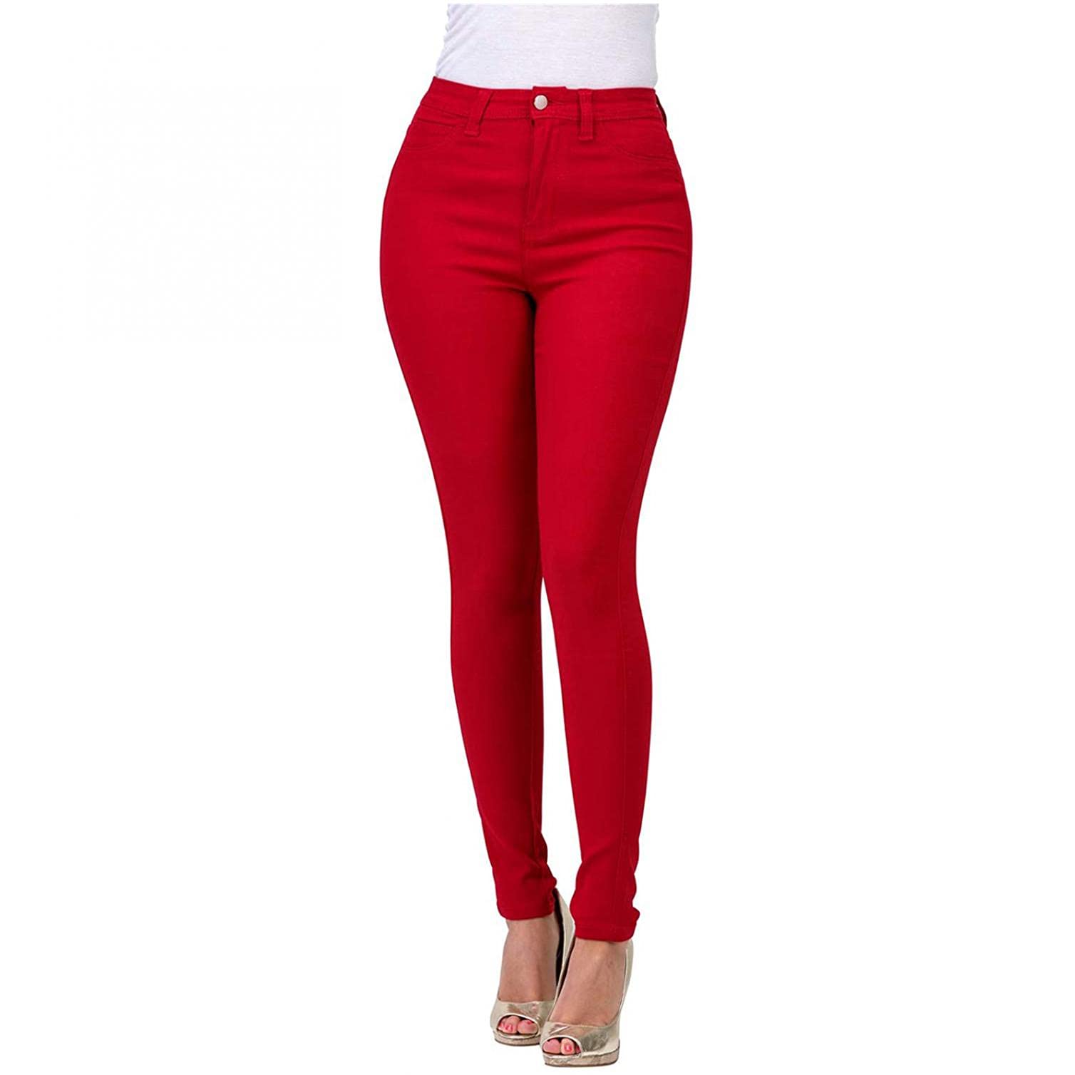 WUAI-Women Stretch Jeggings with Pockets High Wasit Pull-On Stretchy Slim Fit Skinny Jeans Pencil Denim Pants Tights Red