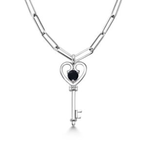 gem stone king 0.48 ct round black onyx 925 sterling silver heart key pendant with 3.25mm paperclip link chain 18 inch with 2 inch extender