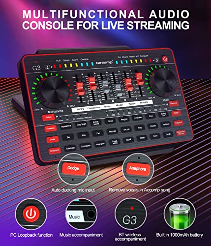 Audio Mixer with Sound Card, tenlamp Two 3.5mm Studio Condenser Microphone and G3 Audio interface, Sound Board Voice Changer, Podcast Equipment Bundle for PC Recording Gaming Live Streaming Podcast