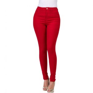 WUAI-Women Stretch Jeggings with Pockets High Wasit Pull-On Stretchy Slim Fit Skinny Jeans Pencil Denim Pants Tights Red