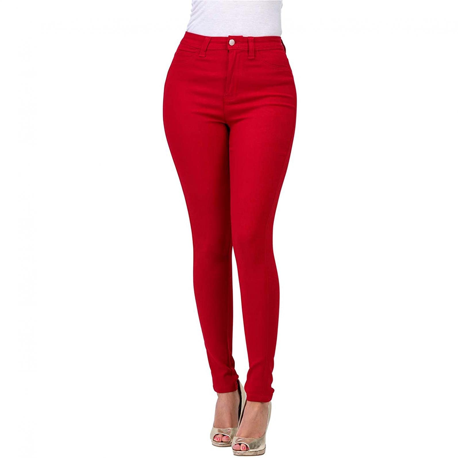 WUAI-Women Stretch Jeggings with Pockets High Wasit Pull-On Stretchy Slim Fit Skinny Jeans Pencil Denim Pants Tights Red