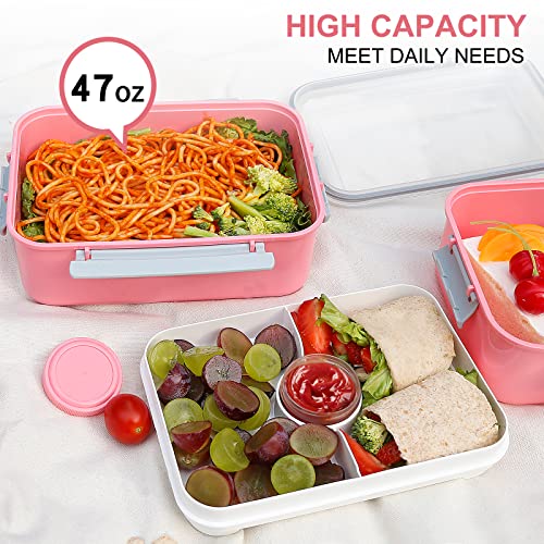 shopwithgreen Set of 3 Salad Food Storage Container To Go, 47-oz Bento Box with Removable Tray & Dressing Pots, for Lunch, Snacks, School & Travel - Food Prep Storage Containers with Lids(Pink)