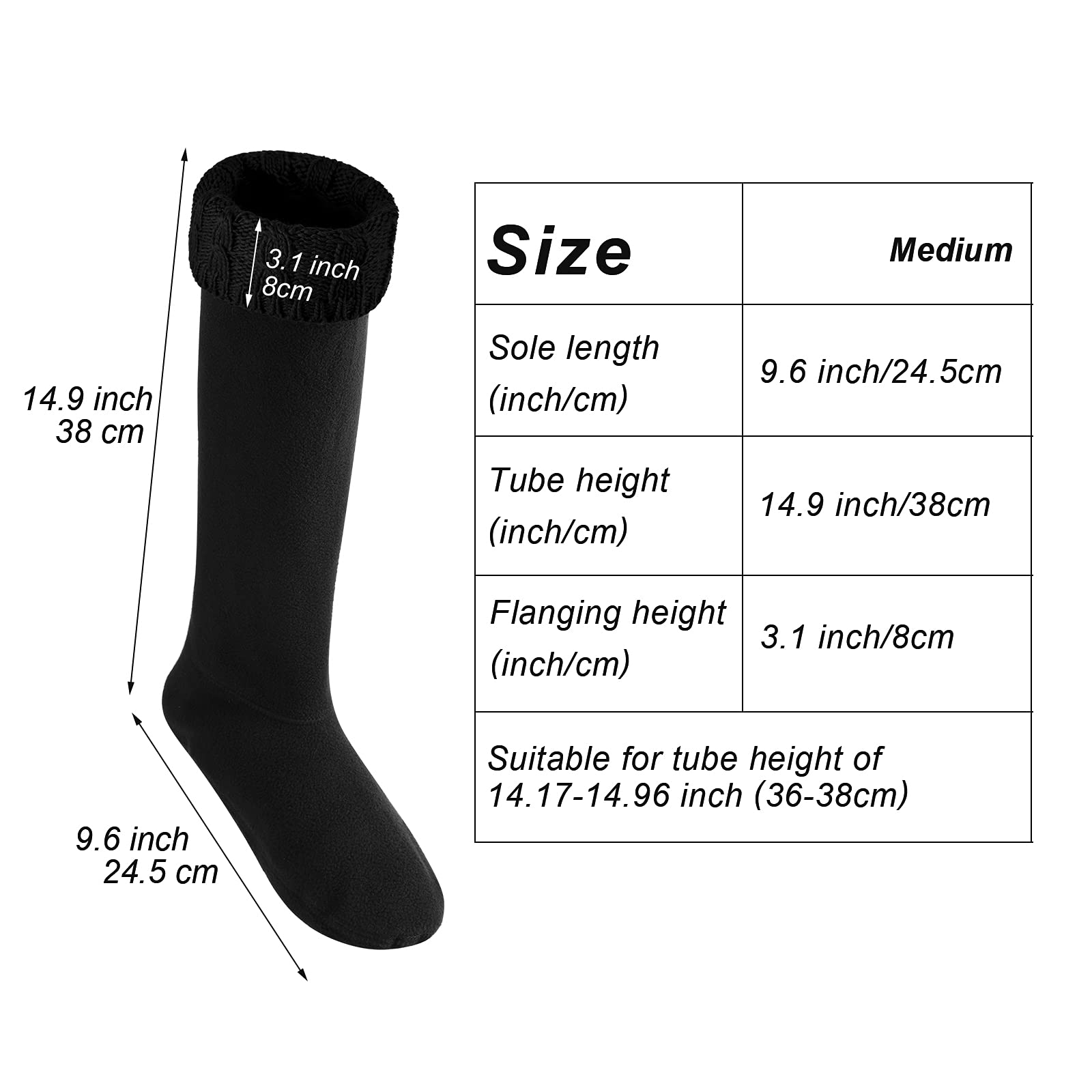 3 Pairs Rain Boot Socks Fleece Boot-liner with Knitted Cuff Long Thermal Fleece Socks for Rain Boots, Size 8-10 (Black, Grey, White)