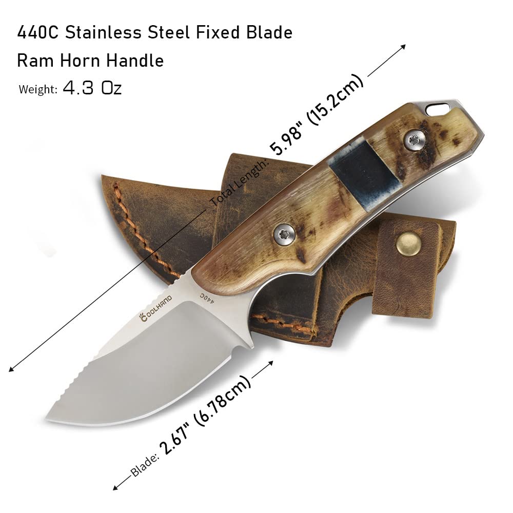 Cool Hand 5.98" Knife with Leather Sheath, Full Tang Compact Horizontal Carry Knife, Leather Belt Loop Sheath with Buckle, Outdoors Drop Point 440C Fixed Blade, Ram Horn Handle