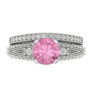 clara pucci 2.10ct round cut solitaire accent pink simulated diamond engagement promise bridal ring band set 14k white gold 8