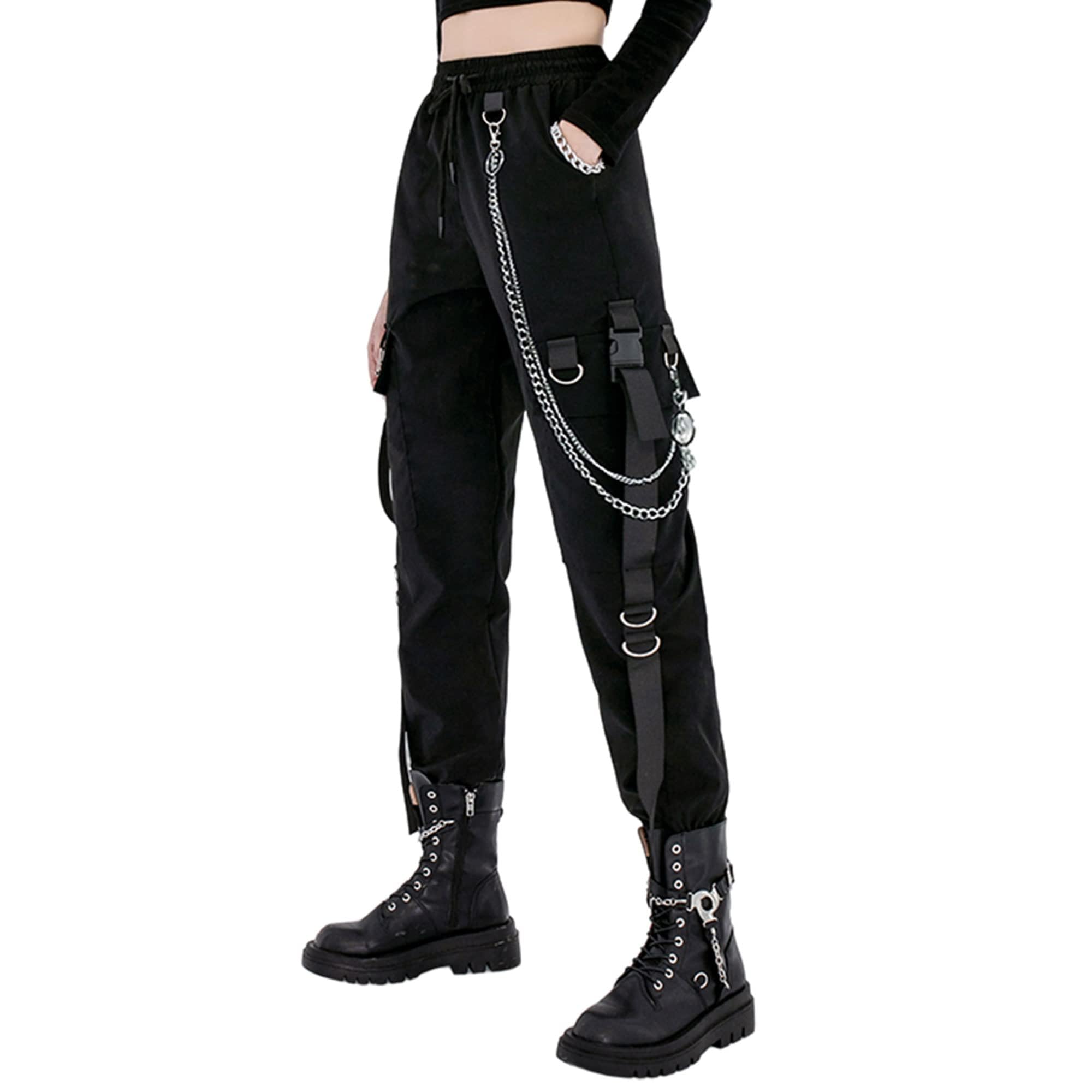 MEINVQIAOTI Black Cargo Pants for Women Techwear Women Loose Street Rock Style Casual Black Pants with Chain Goth Pants (Black,M)