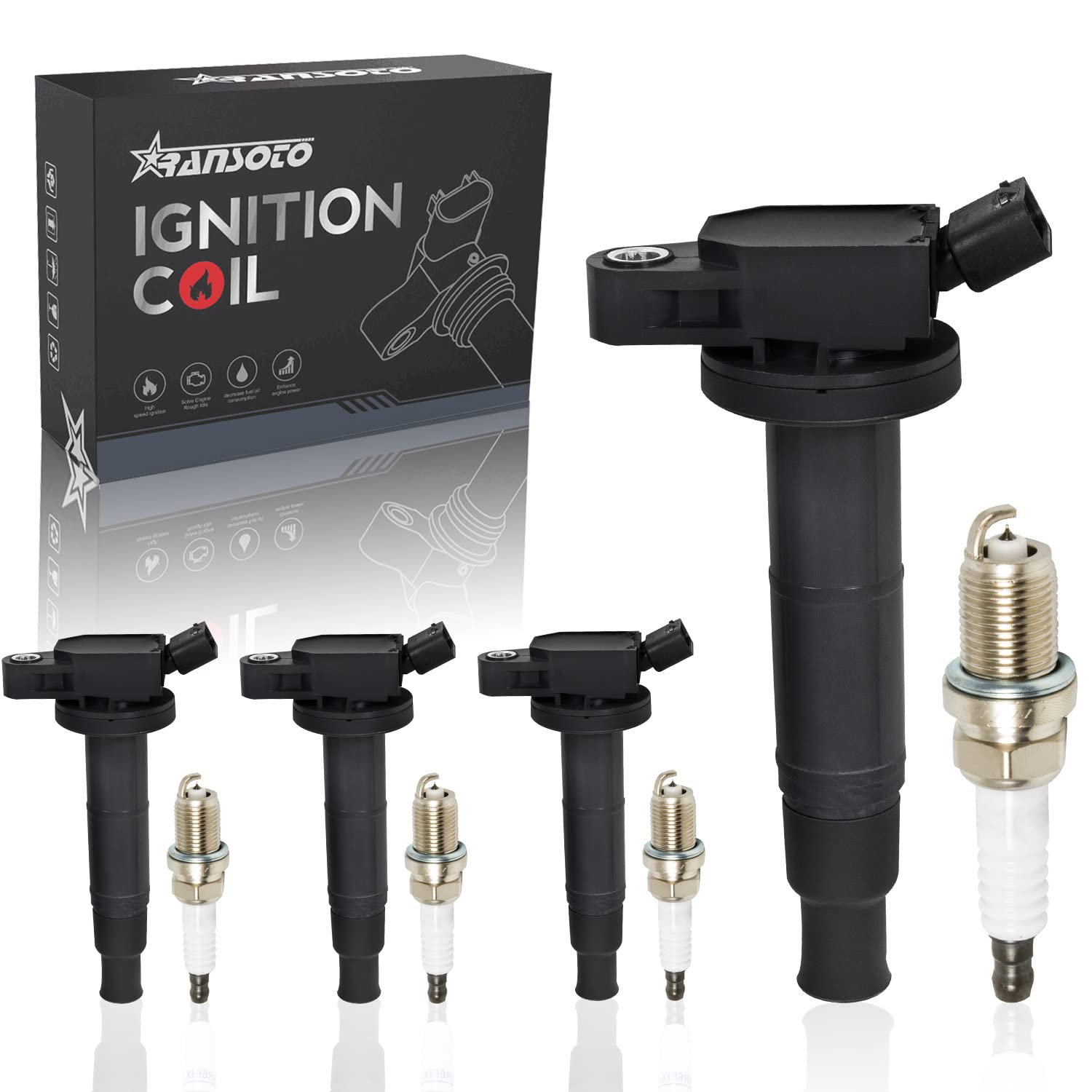 RANSOTO UF333 Ignition Coil & 7092 Iridium Spark Plugs Compatible with 2001-2012 Scion tC xB Toyota Camry Corolla Highlander Matrix RAV4 Solara Lexus HS250h 2.4L Set of 4