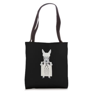 llama holding eye chart vision doctor tote bag