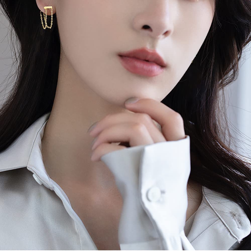 Reffeer Solid 925 Sterling Silver Bar Tassel Chain Drop Earrings for Women Bar Drop Earrings Studs Minimalist (B-18K Gold)