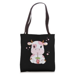 strawberry milk cute kawaii aesthetic pink cow print tote bag