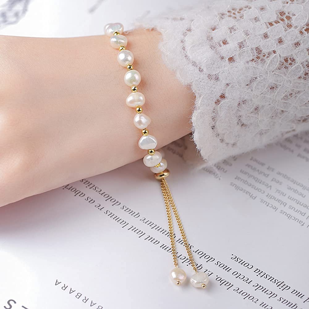 WOWORAMA Pearl Bracelet for Women Gold Adjustable Slider Bracelet Dainty Baroque Bracelet for Wedding Bride Bridesmaid Jewelry