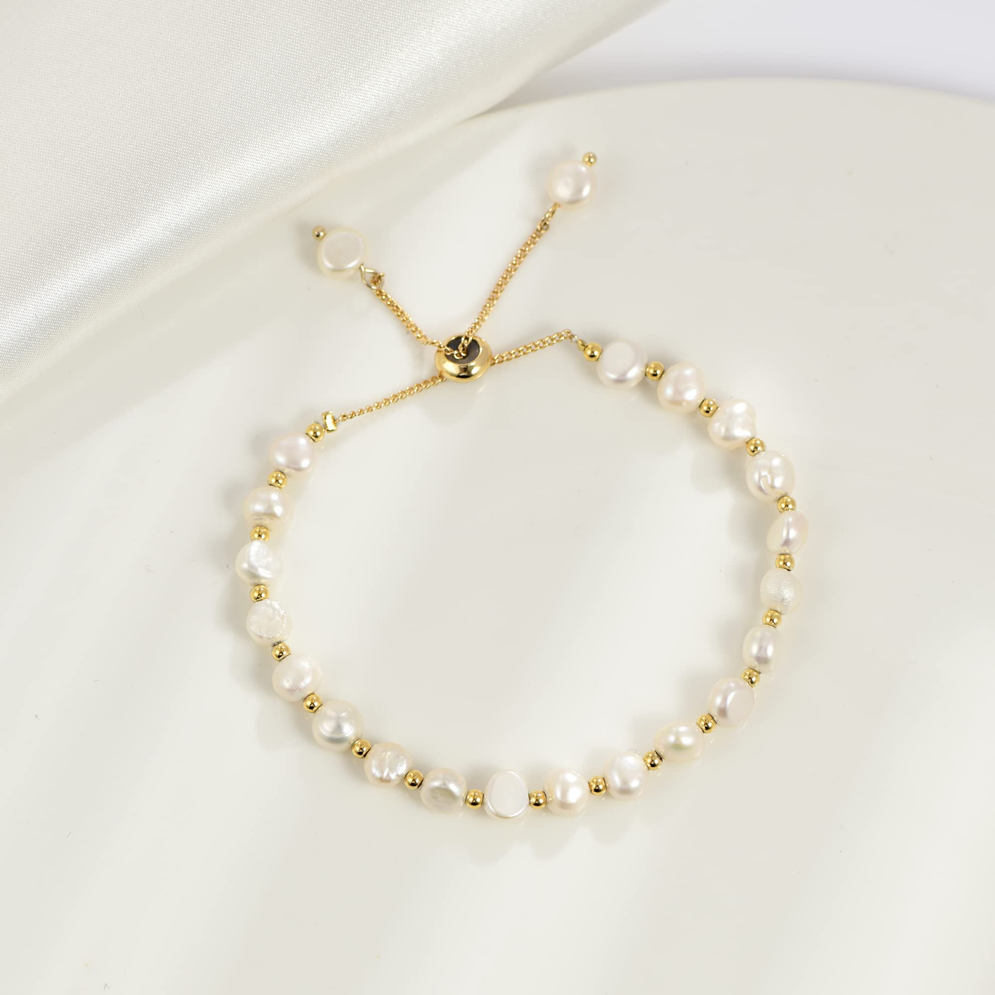 WOWORAMA Pearl Bracelet for Women Gold Adjustable Slider Bracelet Dainty Baroque Bracelet for Wedding Bride Bridesmaid Jewelry