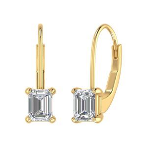 3/4 carat emerald cut diamond drop dangling earrings in 14k yellow gold (with leverback)