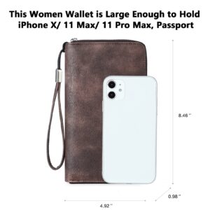 BROMEN Womens Wallet RFID Blocking Large Capacity Wristlet Phone Holder Zip Around Leather Clutch Purse Retro Coffee