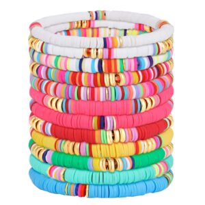 junkin 12 pieces preppy bracelets surfer heishi bracelets stackable colorful beaded stretch bracelets elastic bohemia bracelets gift for women girls summer beach jewelry (classic style)