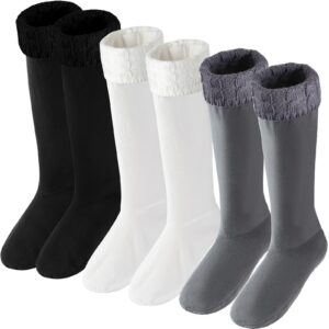 3 pairs rain boot socks fleece boot-liner with knitted cuff long thermal fleece socks for rain boots, size 8-10 (black, grey, white)