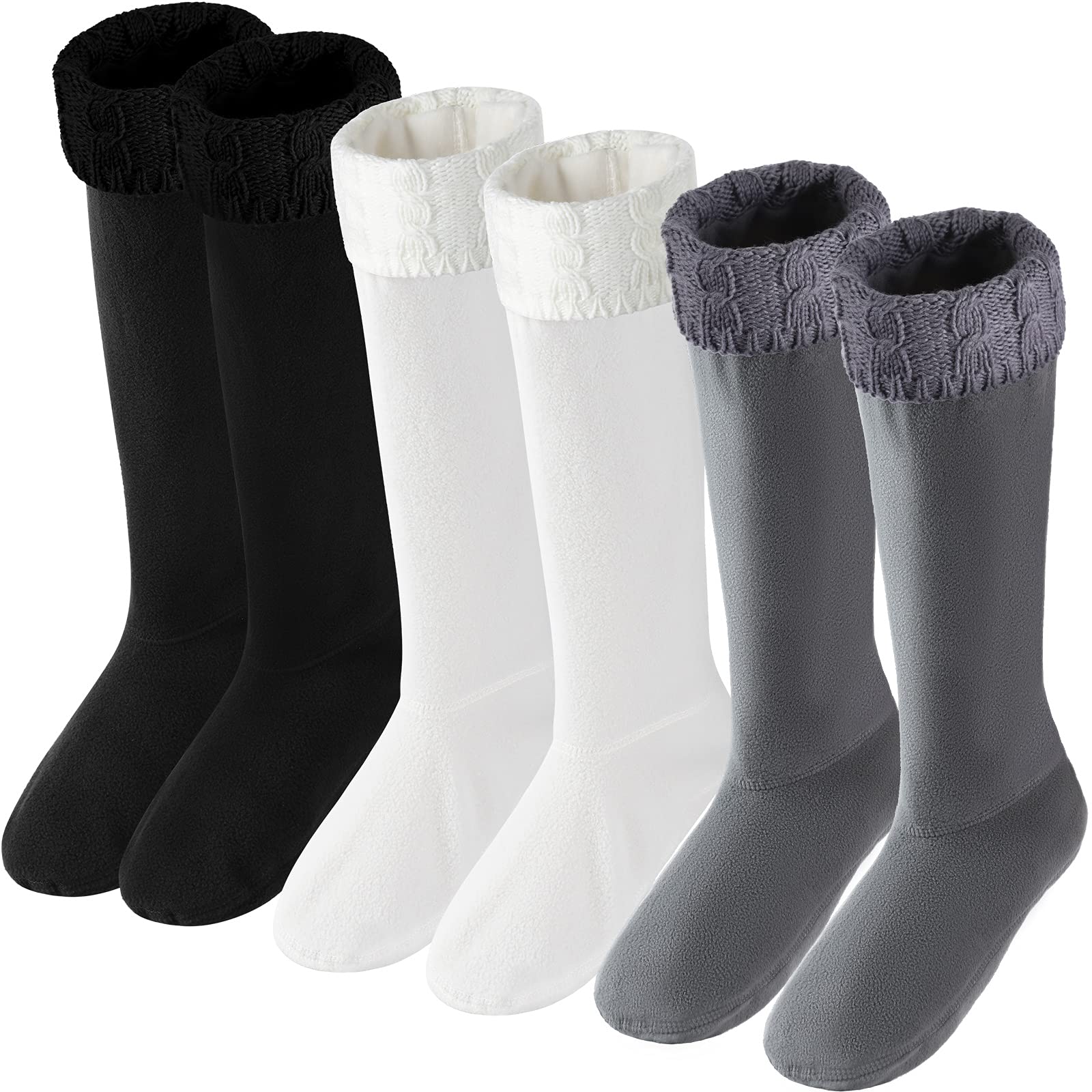 3 Pairs Rain Boot Socks Fleece Boot-liner with Knitted Cuff Long Thermal Fleece Socks for Rain Boots, Size 8-10 (Black, Grey, White)