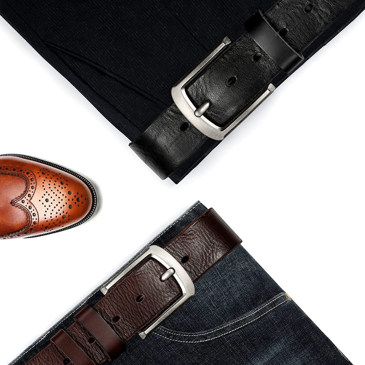 BELTER Mens Belts for Jeans Leather Belt Casual Belt Full Grain Leather Work Belts with Gift Box (Black, 38"-40" Waist)