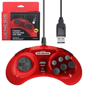 retro-bit official sega genesis usb controller 8-button arcade pad for sega genesis mini, switch, pc, mac, steam, retropie, raspberry pi - usb port (crimson red)