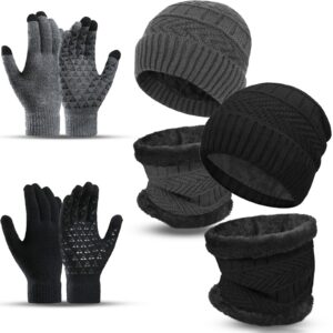 6 pieces winter beanie hat scarf gloves set for men women,knit skull cap winter hat touchscreen gloves neck warmer set