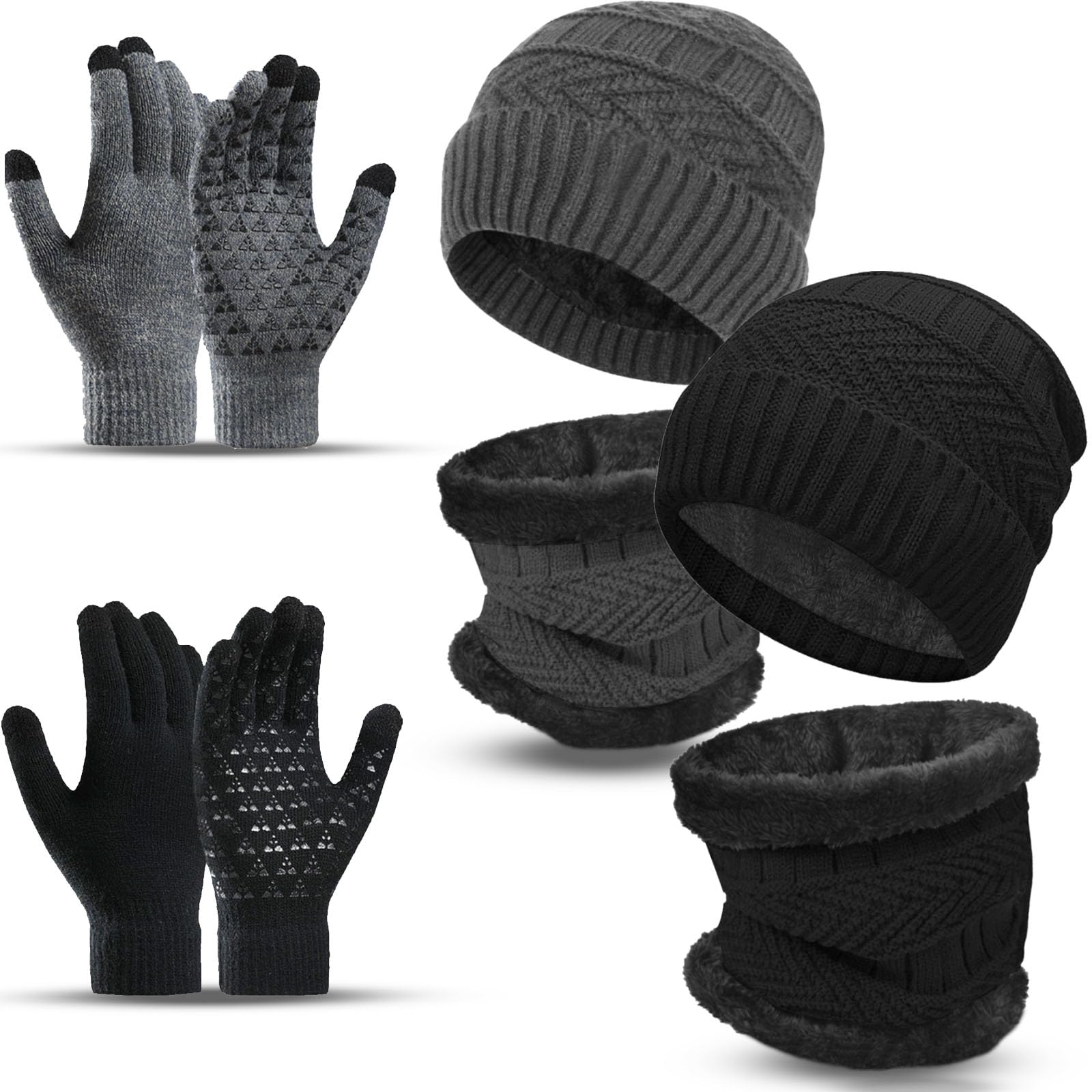 6 Pieces Winter Beanie Hat Scarf Gloves Set for Men Women,Knit Skull Cap Winter Hat Touchscreen Gloves Neck Warmer Set