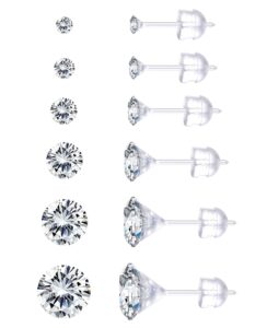 jstyle 6pairs clear plastic post stud earrings for women plastic earrings for sensitive ears cubic zirconia stud earrings set 3mm-8mm